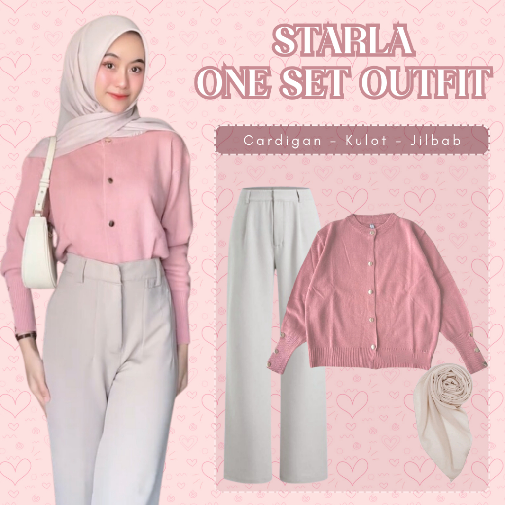 Jual One Set Wanita Kekinian Korean Style ( Cardigan Rajut - Celana Kulot - Jilbab Bella Square ...