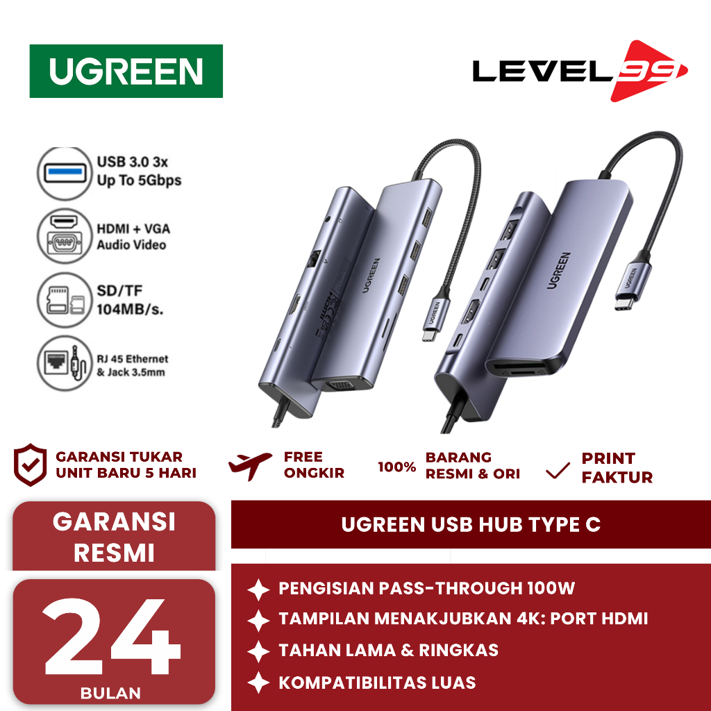 Jual Ugreen Usb Hub Type C To Rj45 Hdmi 4K Vga Sd Card Aux 3.5Mm ...