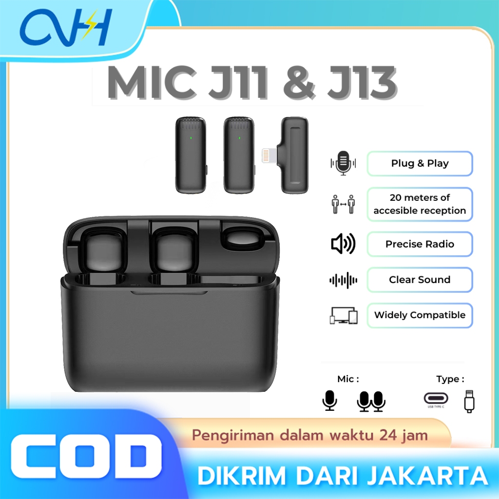 Jual J11&J13 Mic Wireless Clip On Dual Lavalier Microphone Plug & Play Lapel Mic With Charging ...