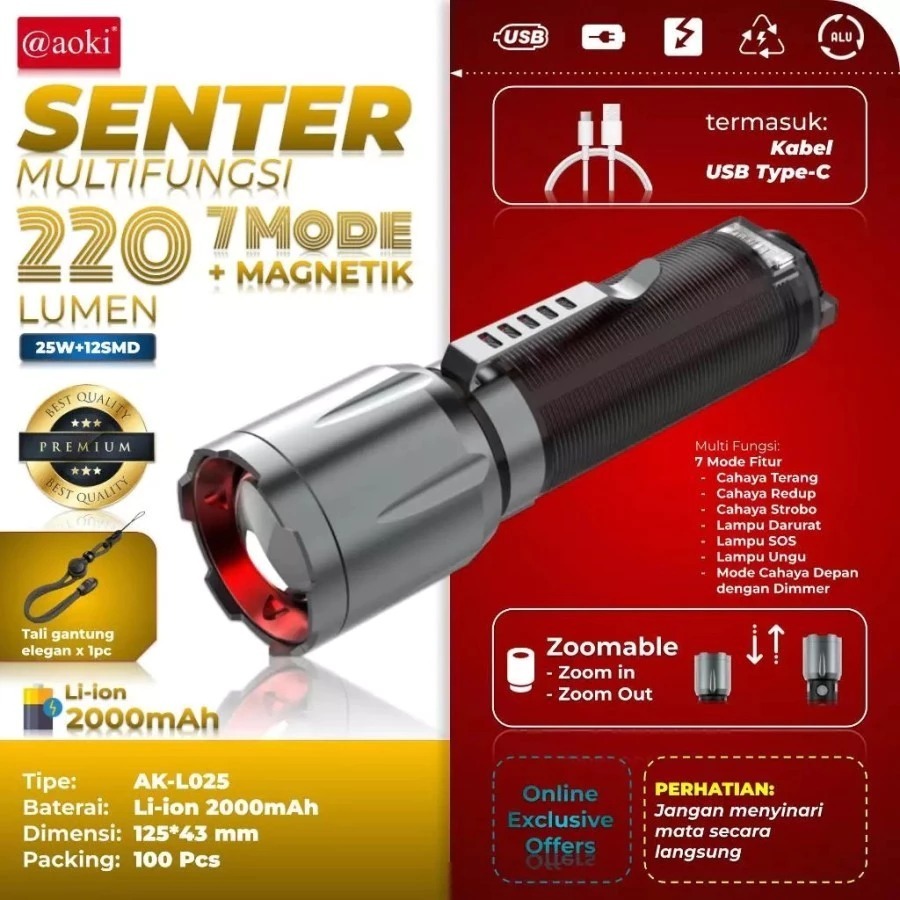Jual Senter Genggam AOKI Senter 7 Mode Cahaya Magnetik Super Terang ...
