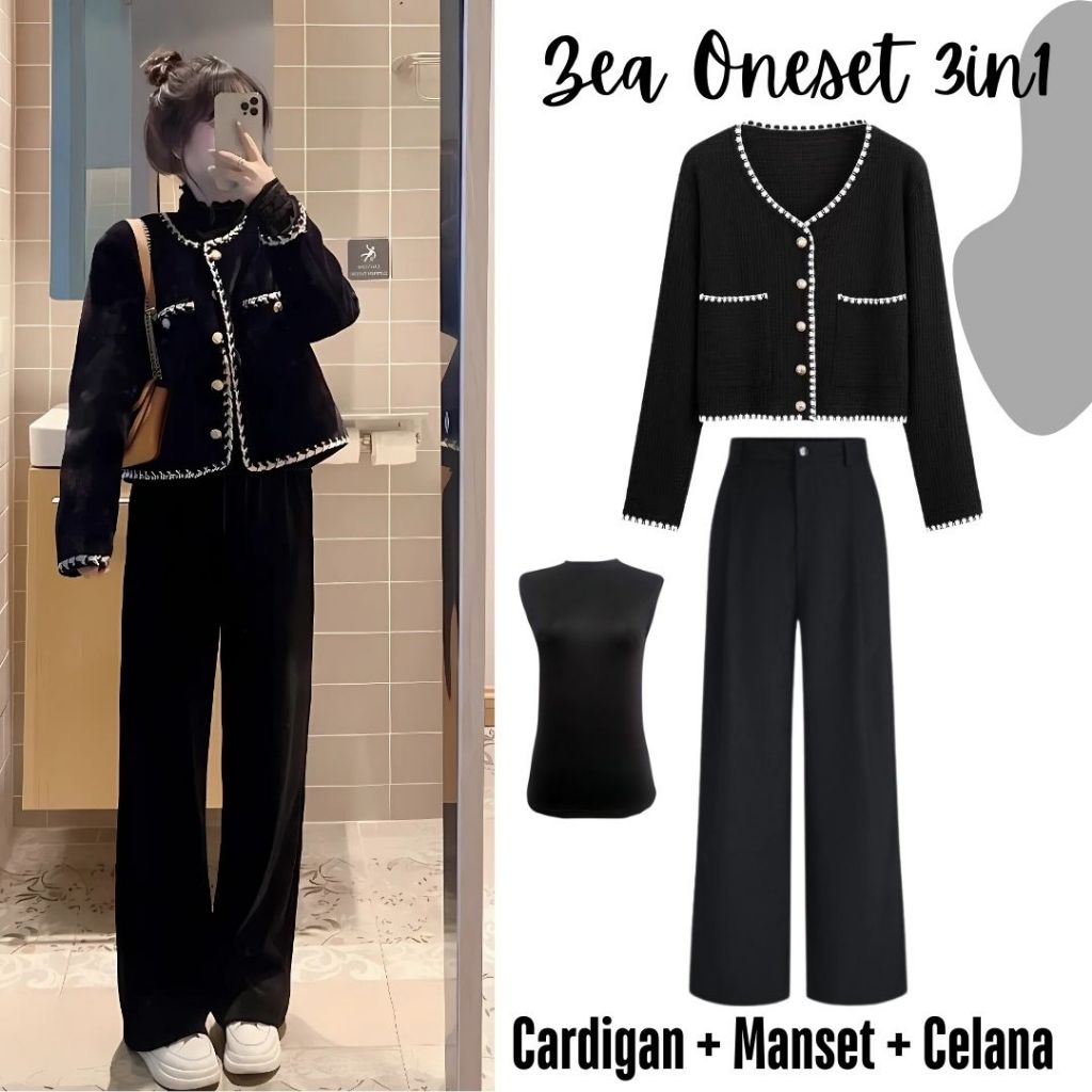 Jual Oneset 3in1 cardigan rajut manset hitam celana kulot highwaist | ootd outfit main hangout ...