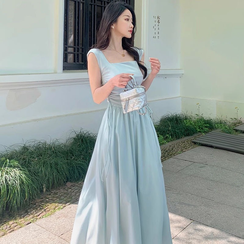 Jual Gaun biru muda, gaun lengan pendek, gaun biru, gaun serut pinggang ...