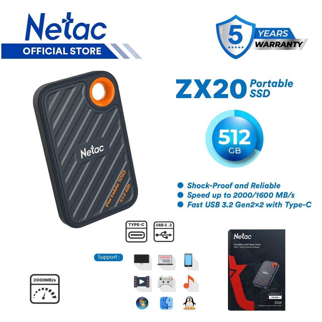 Jual Netac ZX20 External Portable SSD 512GB USB 3.2 Gen 2x2 Type-C up to 2000MB/s with USB-C to ...