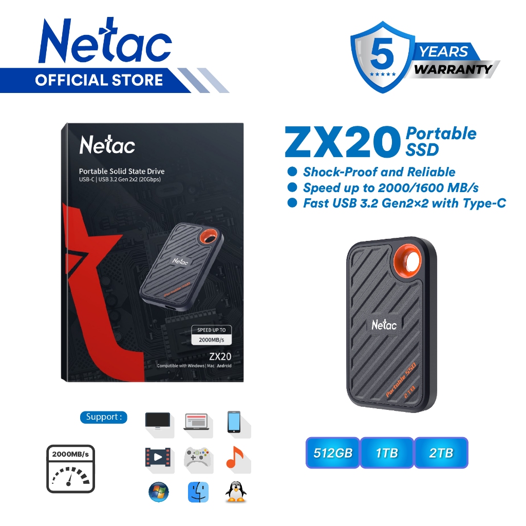 Jual Netac ZX20 /ZX20 II External Portable SSD 512GB/1TB/2TB USB 3.2 Gen 2x2 Type-C up to 2000MB ...