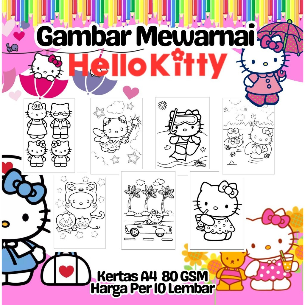 Jual 10 Lembar Kertas A4 Gambar Mewarnai Tema HELLO KITTY Termurah - Anak Anak TK SD PAUD Remaja ...