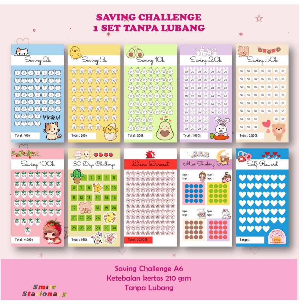 Jual SAVING CHALLENGE TANPA LUBANG / TANTANGAN MENABUNG ISI KERTAS BINDER A6 | Shopee Indonesia