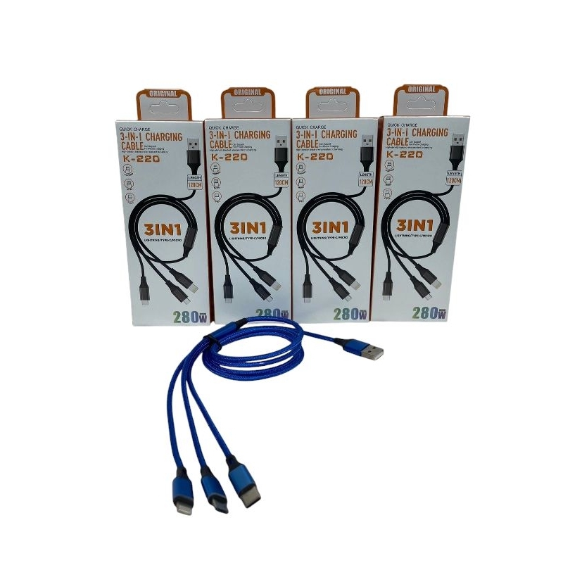 Jual kabel data k-220 3in1 280w kabel data 3in 1 fast charging kabel 3 ...