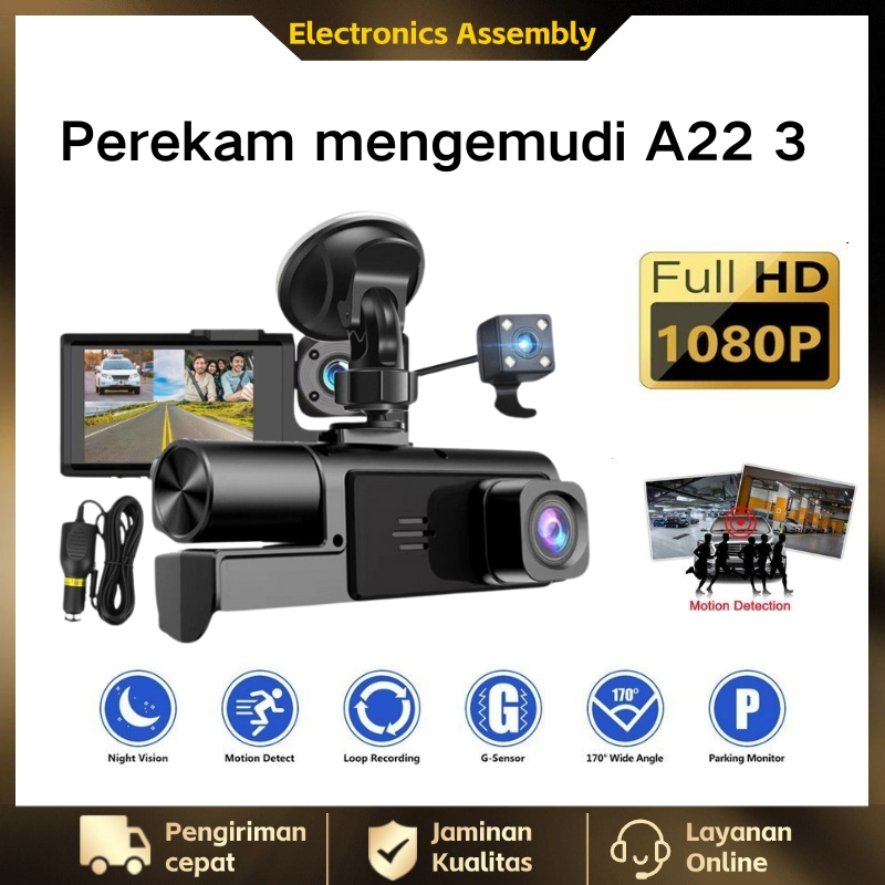 Jual Perekam Mengemudi A22 3 kamera HD 1080P lensa tiga dengan gambar ...
