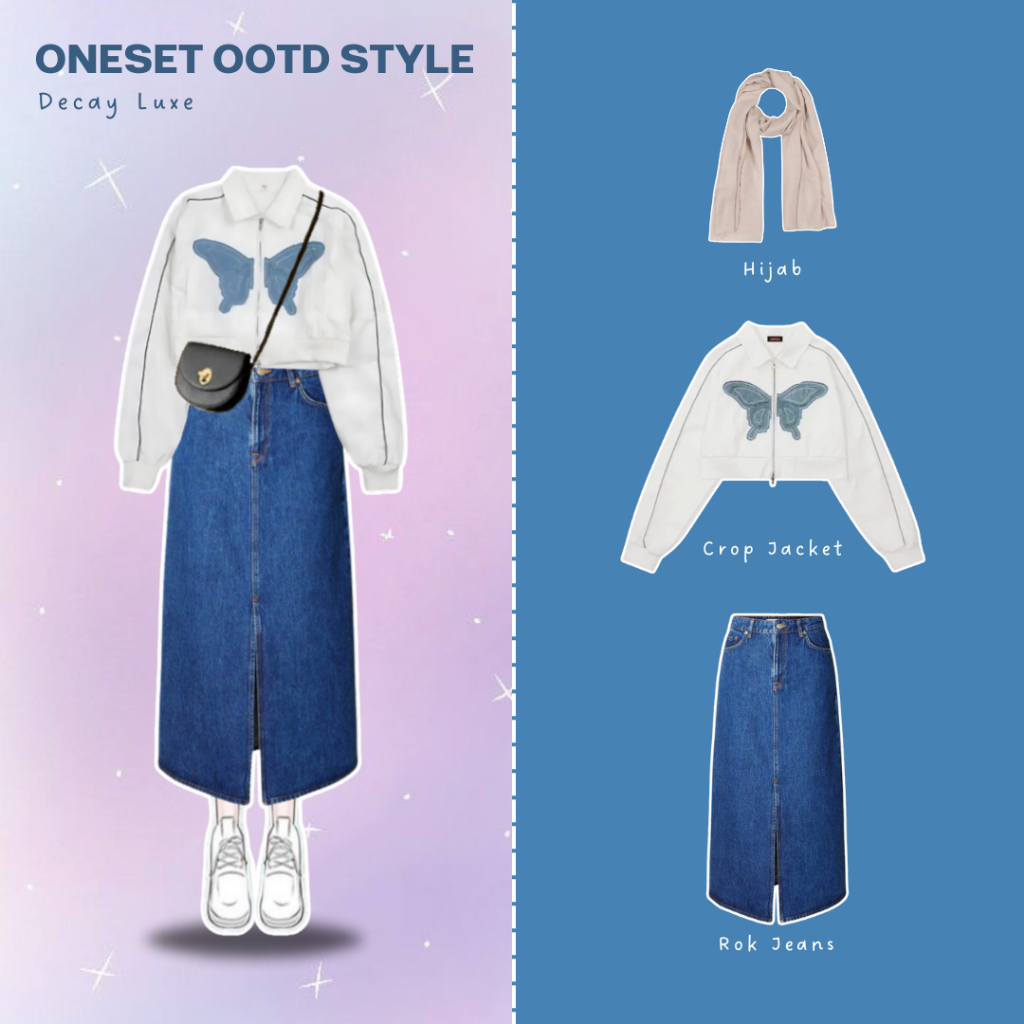 Jual Decay Luxe Outfit set ootd 3in1 (jacket butterfly crop rok jeans ...