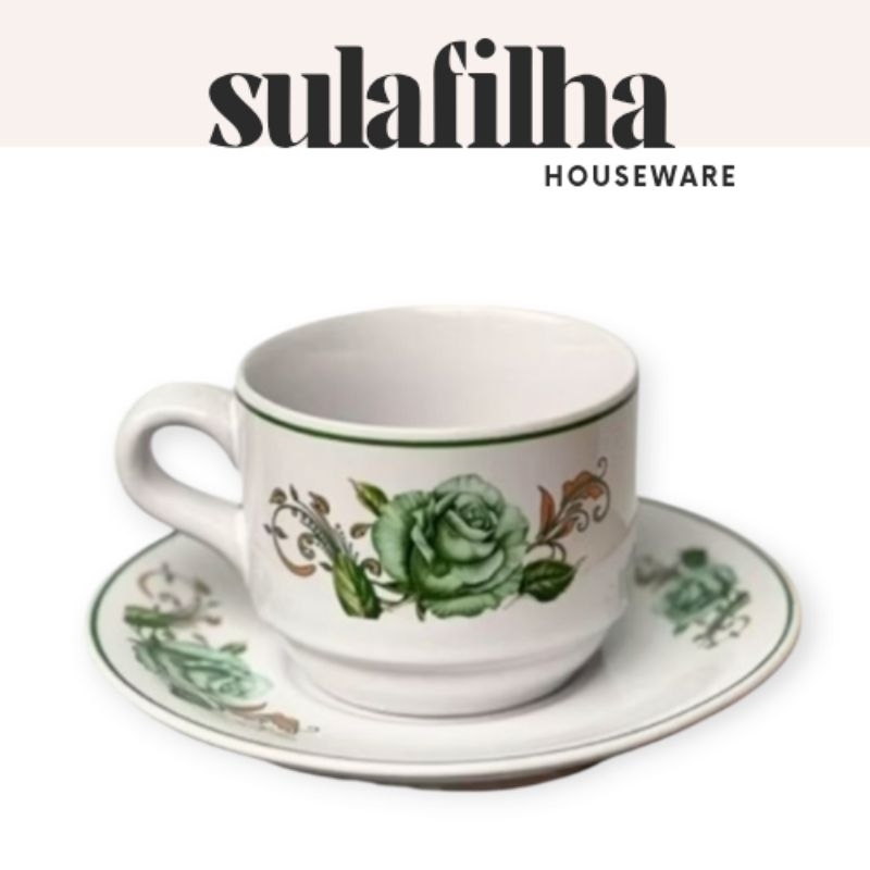 Jual Tea Set Cangkir Tatak Motif bunga hijau / Tea set Bunga Hijau ...