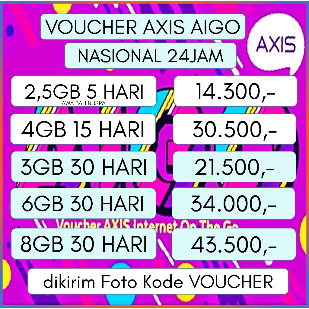 Jual VOUCHER AXIS AIGO 2,5GB 4GB 3GB 6GB 8GB 30HARI | Shopee Indonesia
