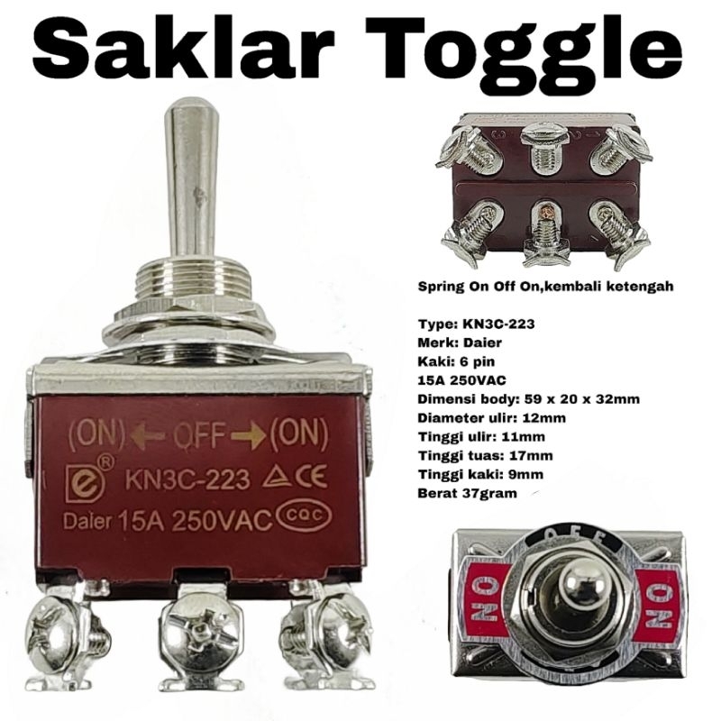 Jual Toggle Switch 6 Pin On Off On Spring Daier Saklar Togle Kaki 6p 15A KN3C-223 | Shopee Indonesia