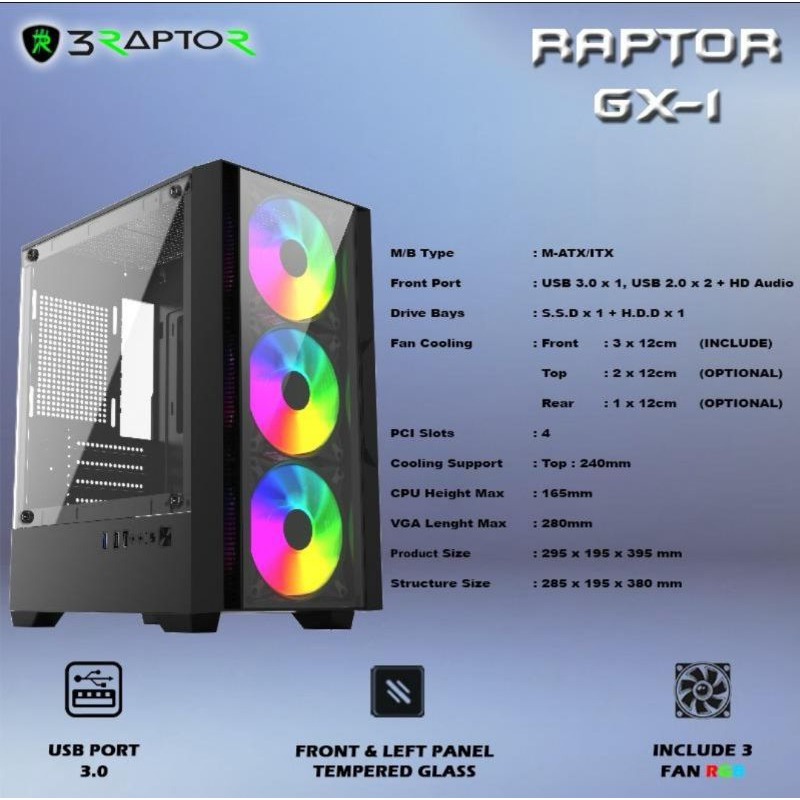 Jual 3 Power Up Casing Gaming Raptor GX-1 sudah Free 3 Fan RGB 12cm ...