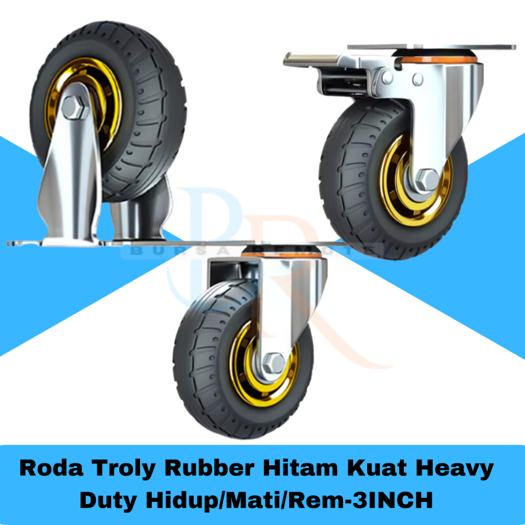 Jual Roda Troly Rubber Hitam Kuat Heavy Duty Hidup/Mati/Rem-3INCH (MIN ...
