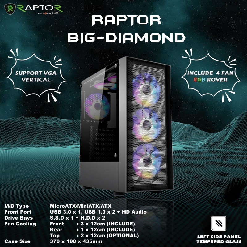 Jual Casing PC Power Up Raptor Big Diamond + PSU 500W + 4 Fan RGB ...