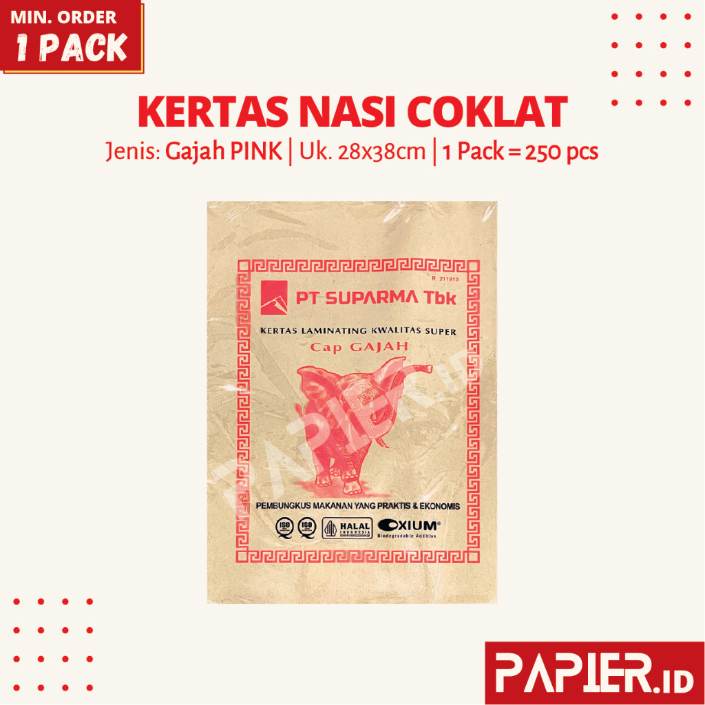 Jual (isi 250 lbr) Kertas Nasi Cokelat Laminasi Cap Gajah PINK uk. 28x38 cm | Kertas Bungkus ...