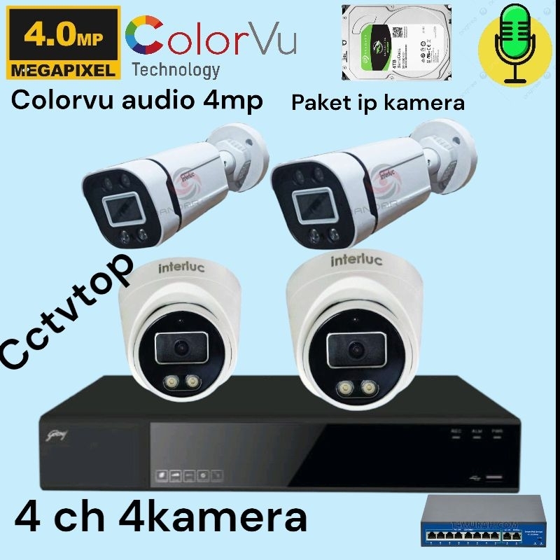 Jual PAKET IP KAMERA EDGE INTERLUC 4 CH 4 KAMERA 4MP COLORVU AUDIO ...