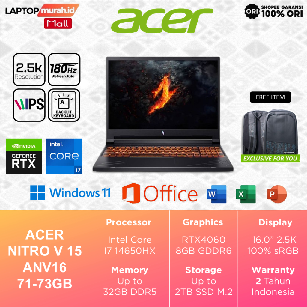 Jual Laptop Acer Nitro RTX4060 8GB i7 14650HX 32GB 2TB 16" 2.5K 180Hz ...