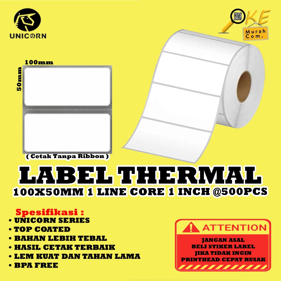 Jual Kertas Stiker Label Thermal 100x50mm / 100x50 / 100 x 50 mm 1 Line 1 Inch isi 500pcs & 1 ...