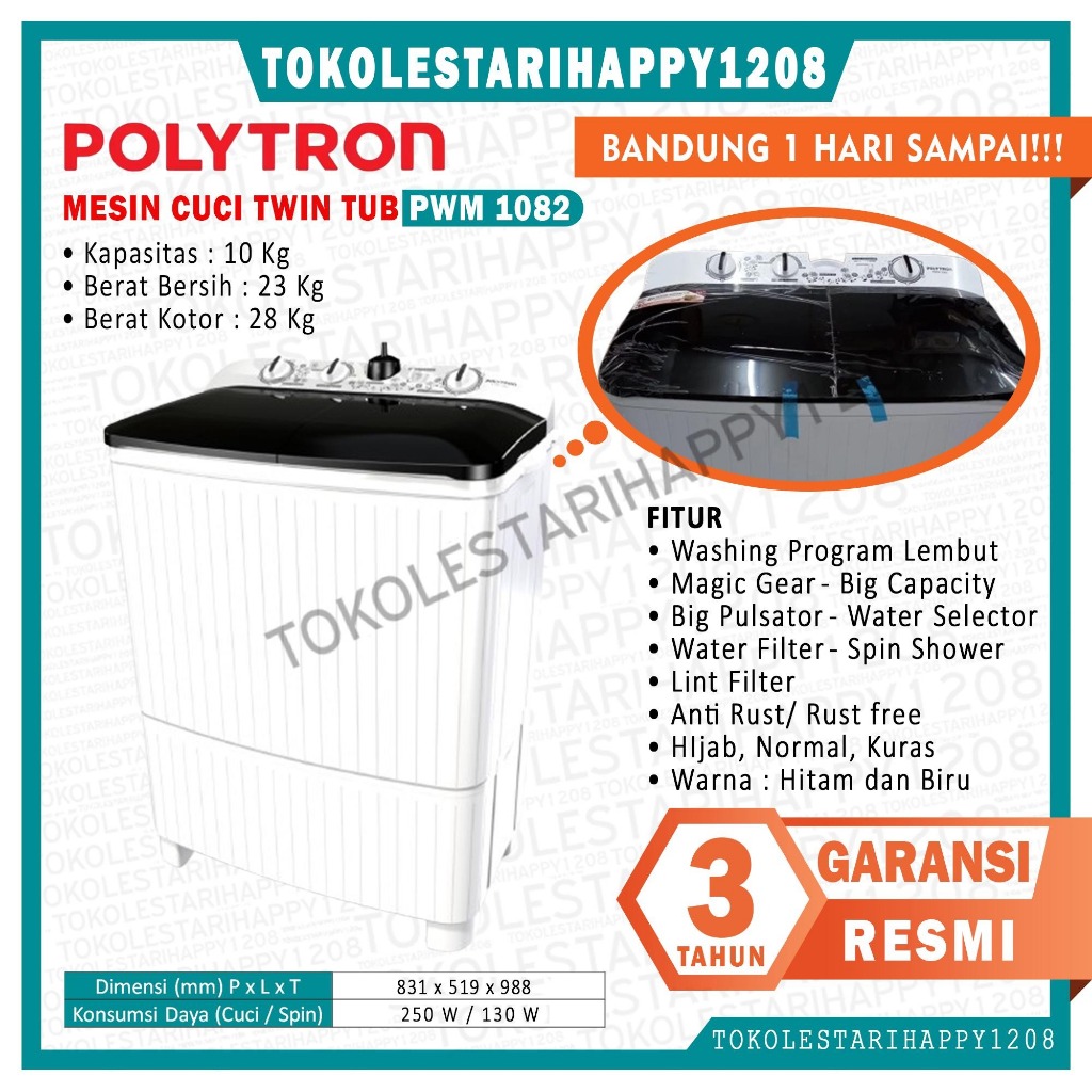 Jual Mesin Cuci 2 Tabung 10 Kg Polytron Primadona Samba PWM 1082 B/X ...