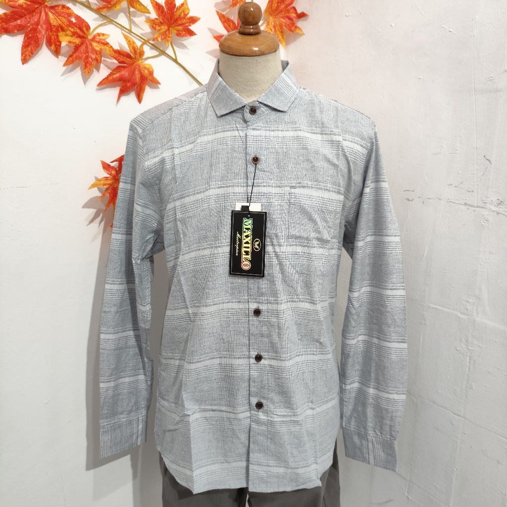 Jual MAXILLO Kemeja Casual Pria Garis-Garis Abu Lengan Panjang R1123C ...