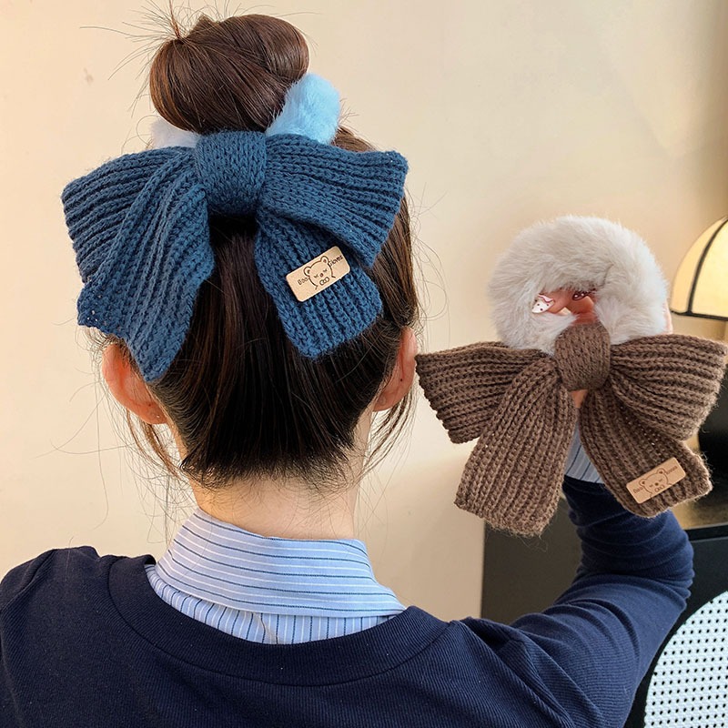 Jual Ikat Rambut Pita Rajut Wol Solid Bowel Hair Rings Knitted Wool Bow ...