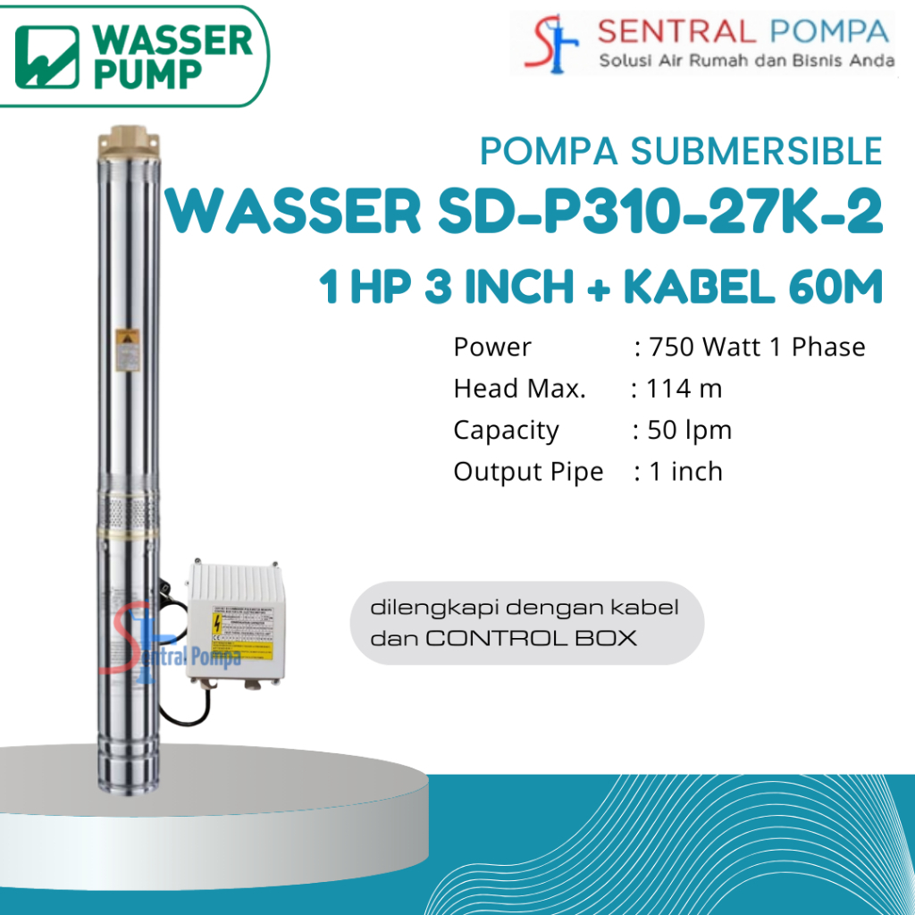 Jual Wasser SD-P310K-27K-2 1 HP 3 inch Submersible Deep Well Pump Pompa ...