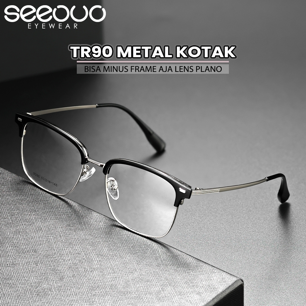 Jual Seeouo Frame Kacamata Plano Lens Browline Style Kotak Simple Frame TR90+Metal Pria Wanita ...