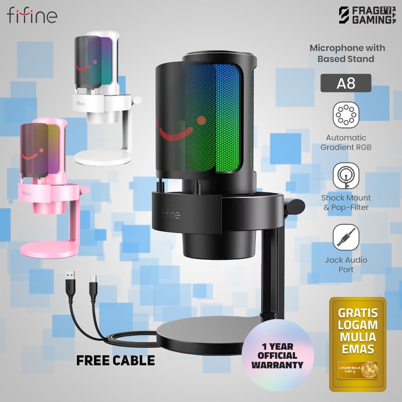 Jual FIFINE USB Microphone A8 with Controllable RGB Live Monitoring Input Dial Pop Filter Mic ...