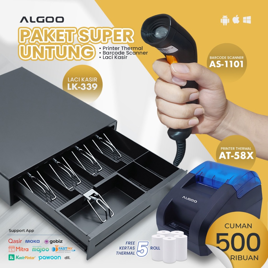 Jual ALGOO Paket Kasir Super Murah Printer Thermal Cash Drawer Scanner ...