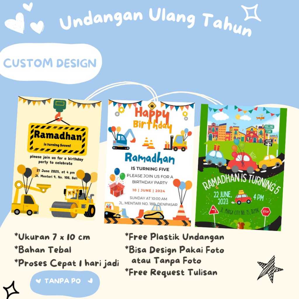 Jual Undangan Ulang Tahun Tema Mobil Alat Berat Excavator Konstruksi ...