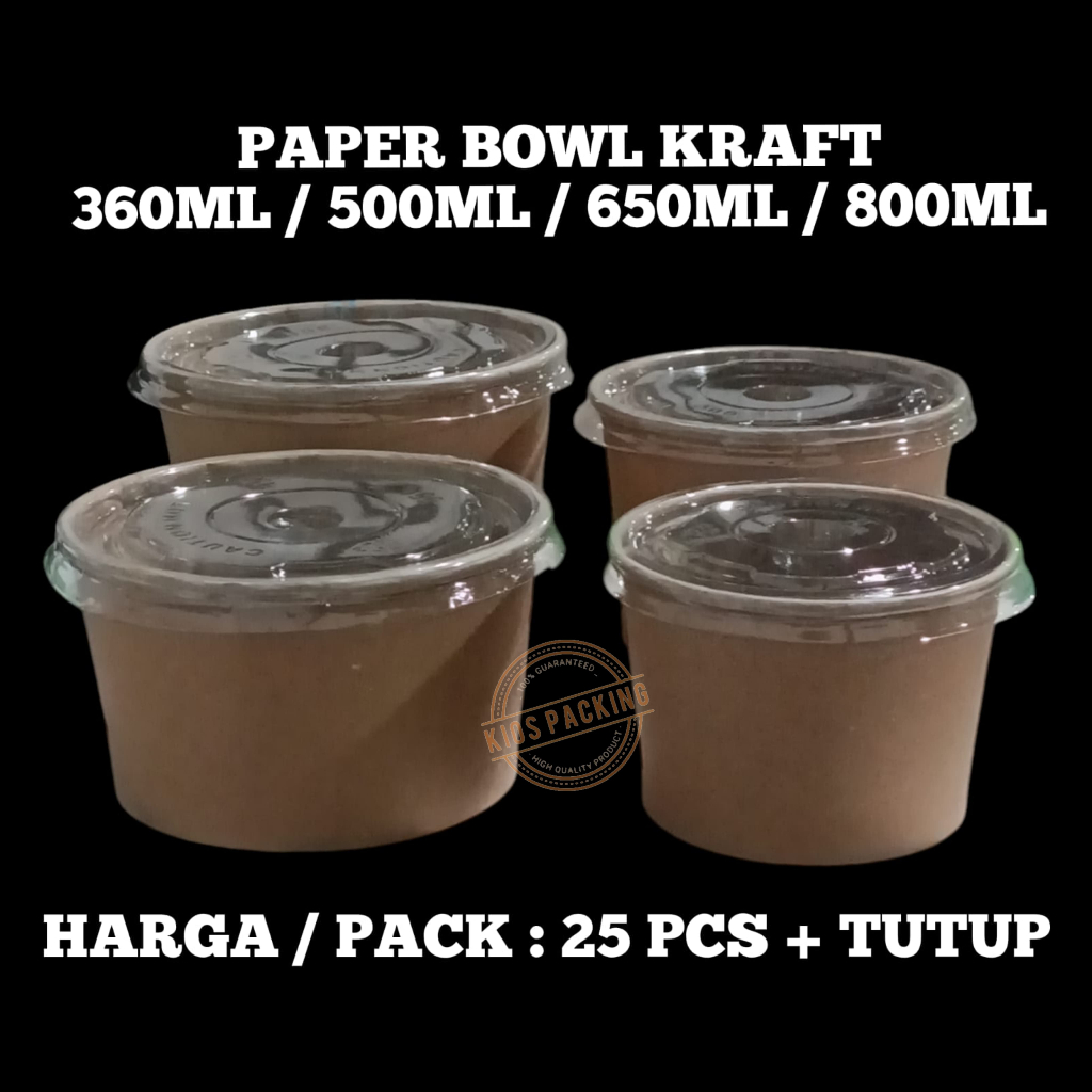 Jual Paper Bowl Brown Kraft 360ml 500ml 650ml 800ml Isi 25pcs + Tutup / Mangkok Kertas / Paper ...