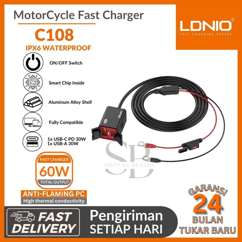 Jual Motorcycle Charger LDNIO C108 USB C PD QC 60W Waterproof | Shopee Indonesia