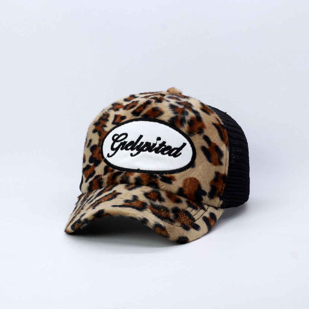 Jual TOPI TRUCKER LIDAH PENDEK MOTIF LEOPARD MIX HITAM GRELY LOGO ...