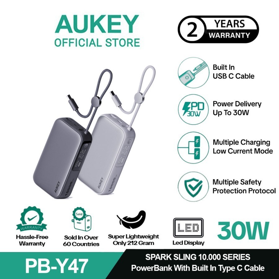 Jual AUKEY Powerbank 10000mAh 30W Built In Cable Fast Charging Spark ...