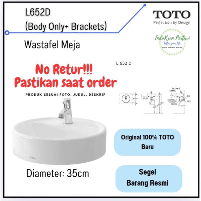 Jual Wastafel Meja TOTO L652D (body only/Komplit Set Cold Water ...