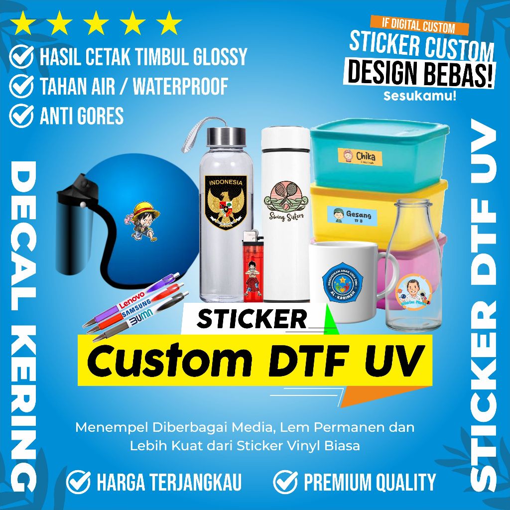 Jual Custom Stiker Sticker DTF UV Decal Kering Timbul untuk Koper Helm Motor Botol Minum Tumblr ...
