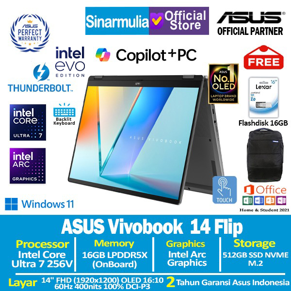 Jual ASUS Vivobook 14 Flip TP3407SA Ultra 7 256V 512GB SSD 16GB FHD OLED Touch Win11+OHS ...