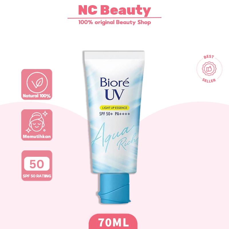 Jual Biore UV Aqua Rich Sunscreen Glowing Natural Light Up Essence SPF 50+ PA++++ 70g | Shopee ...
