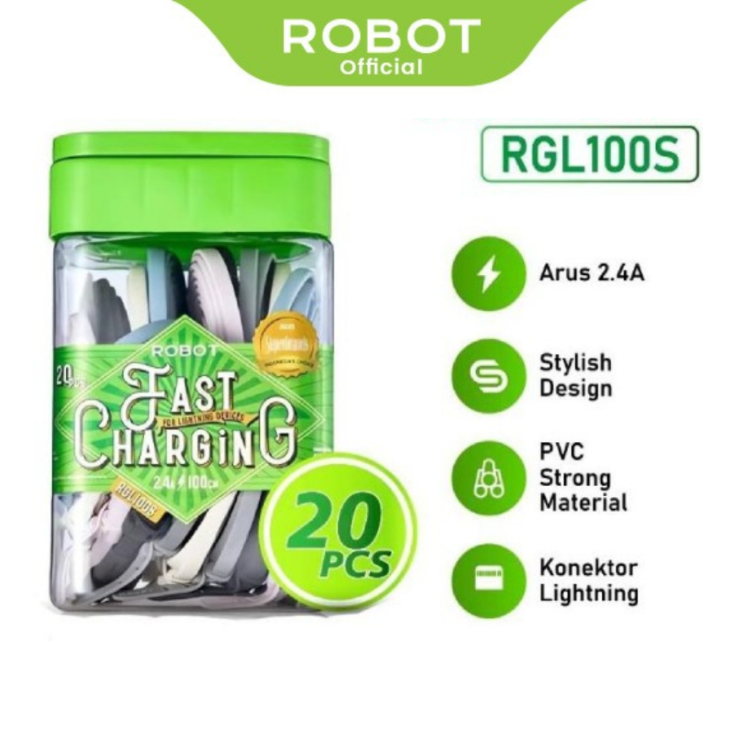 Jual ROBOT RGL100S (1Toples Isi 20 Pcs) Kabel Data Lightning 2,4A 100 ...