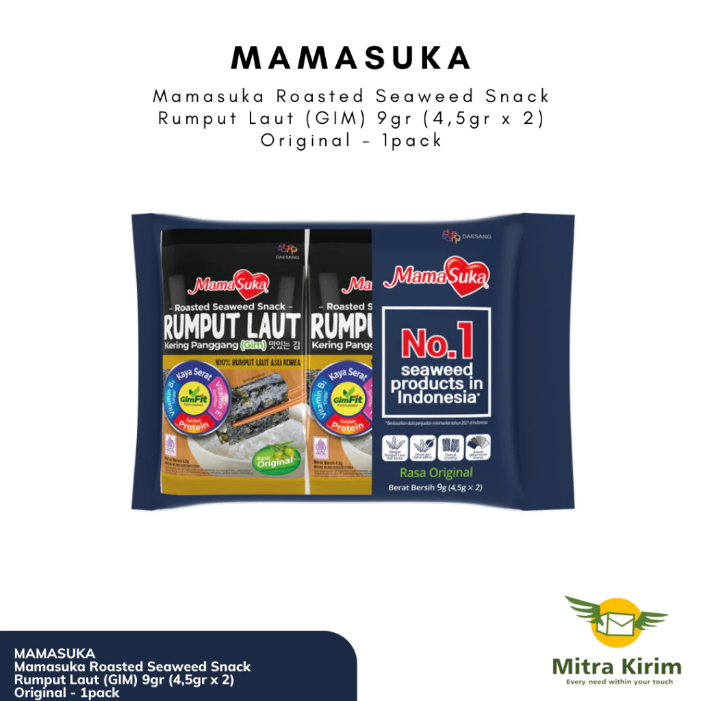 Jual Mamasuka Roasted Seaweed Snack Rumput Laut (GIM) 9gr (4,5gr x 2 ...