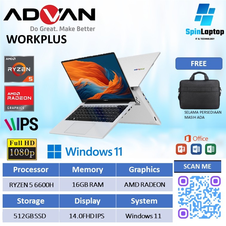 Jual Advan Workplus Laptop Ryzen 5-6600H Ram 16gb SSD 512gb windows 11 ...