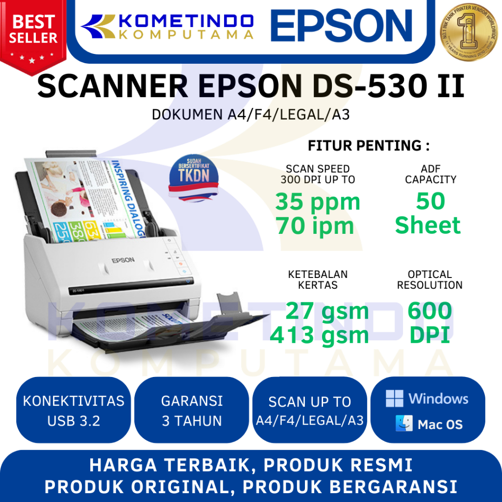 Jual TKDN DS530II (35ppm / 70ipm) - Epson WorkForce DS-530II A4 Duplex ...