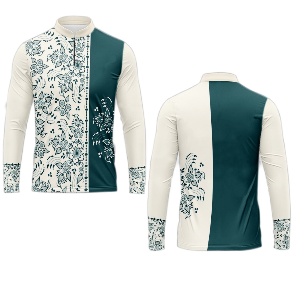 Jual Baju koko muslim/ pola bunga unik dalam nuansa putih dan biru teal ...