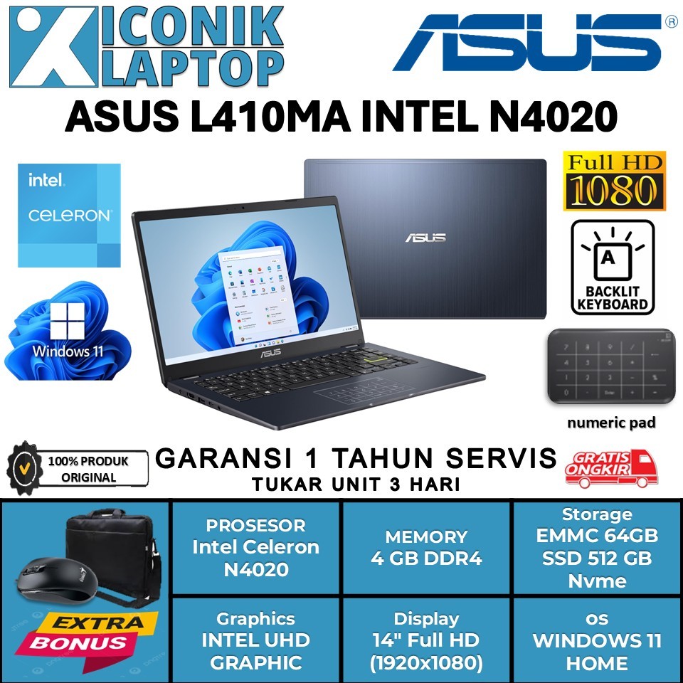 Jual Laptop Asus Vivobook L410MA Intel N4020 Ram 4 GB Ssd 512 GB Layar ...