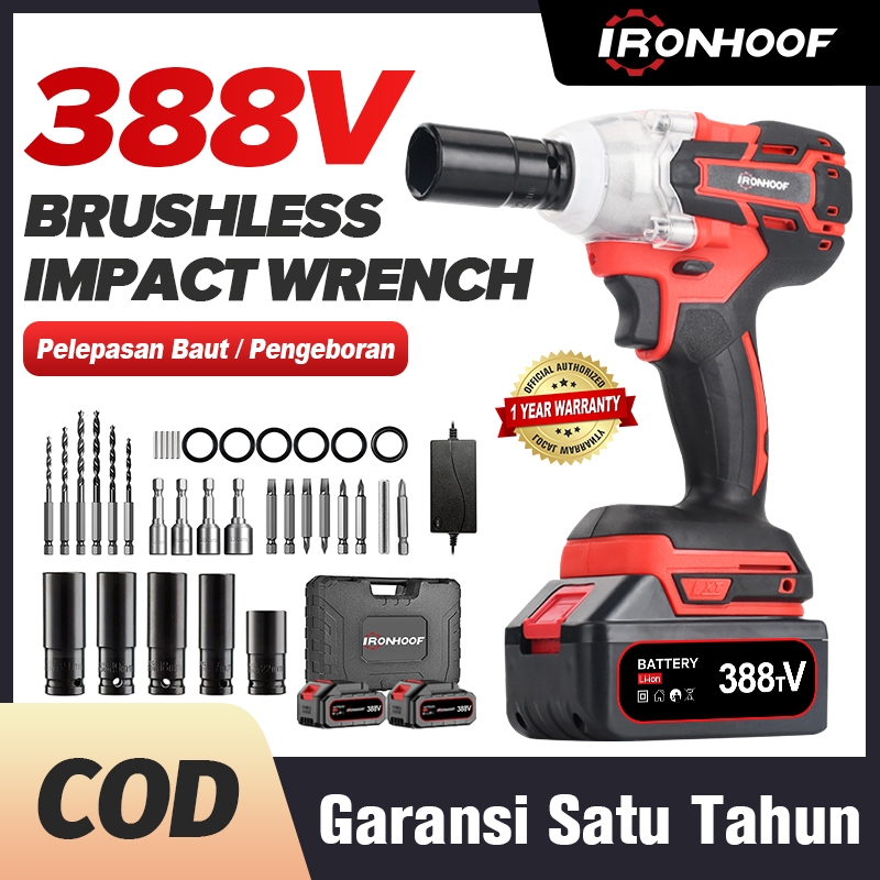 Jual IRONHOOF Impact Wrench 388V Impact Baterai 288V Brushless 420N.M Electric Impact Wrench ...