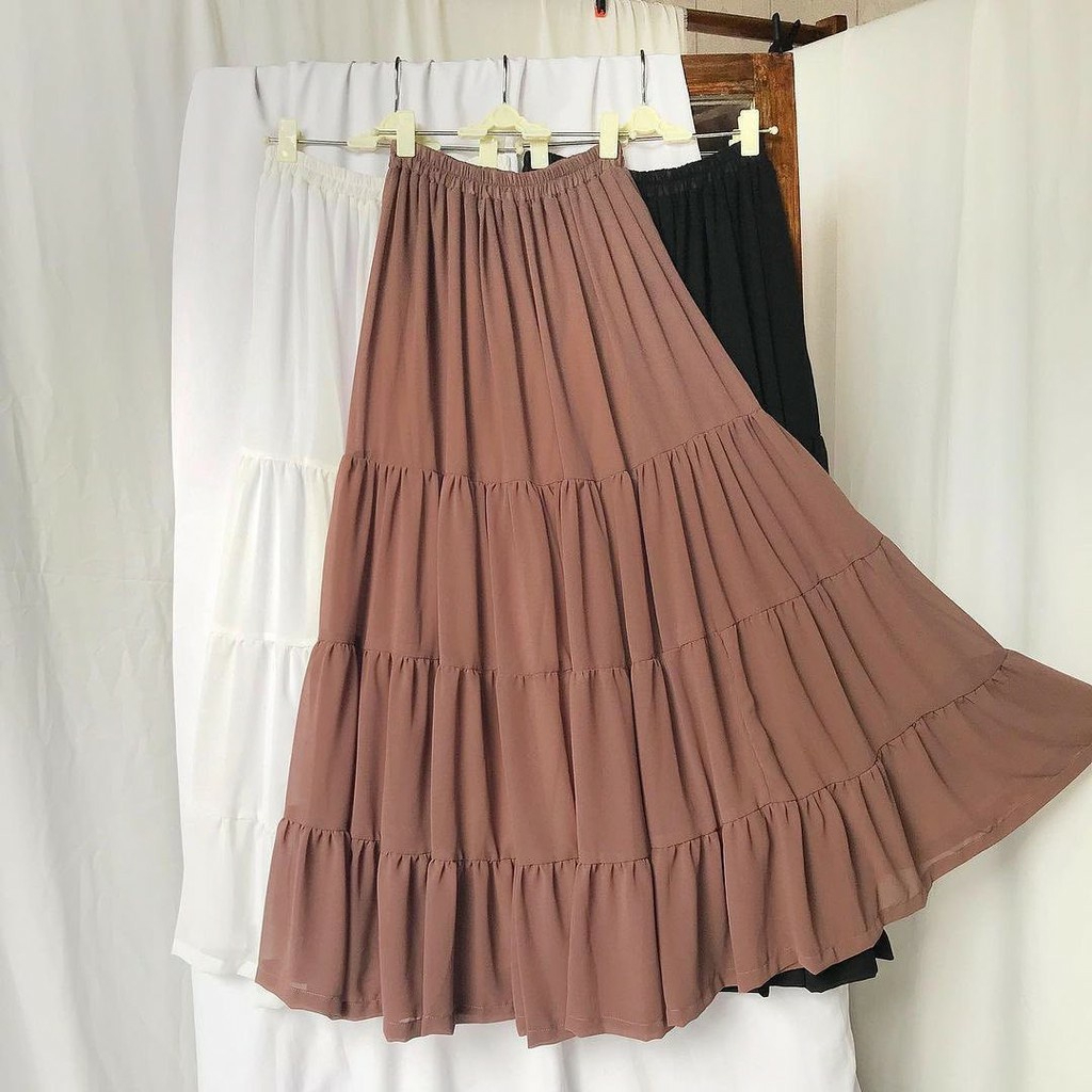 Jual Rok Susun Maxi Polos Bahan Hyget Premium / Rok Susun Ruffle Maxi ...