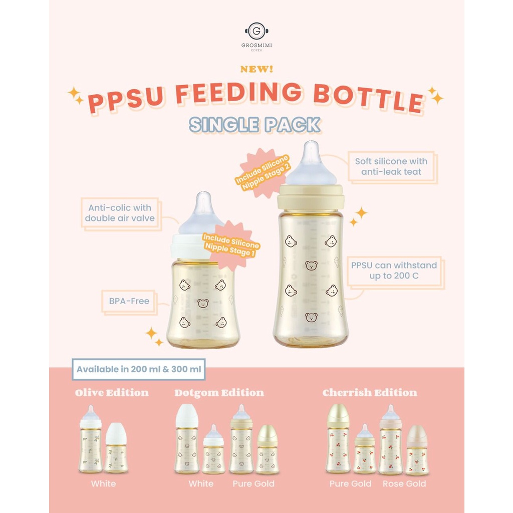 Jual Botol susu bayi Grosmimi PPSU Olive Feeding Bottle With Teat Single Pack 200ml / 300ml ...