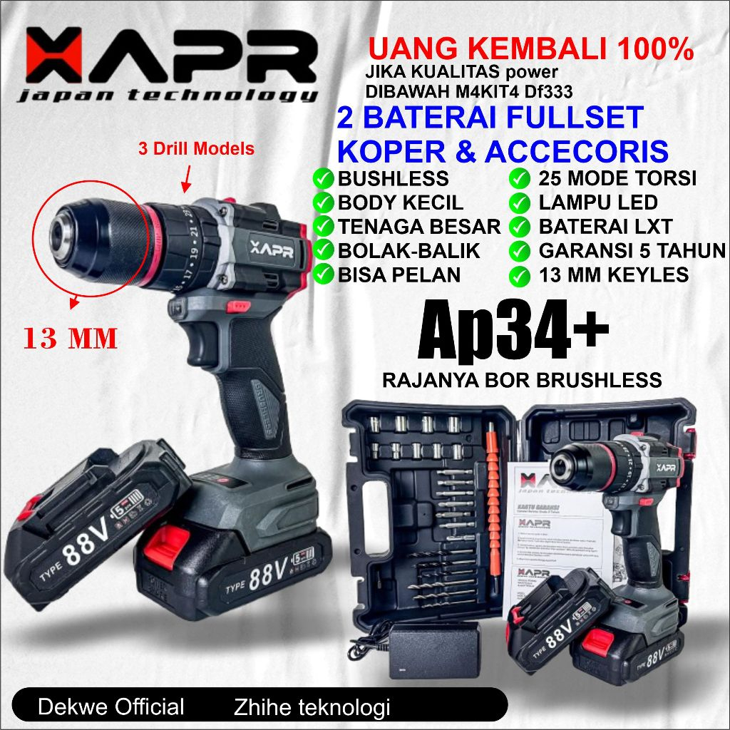 Jual PROMO !!! APR RAJA BOR impact drill BRUSHLESS TYPE AP34+ 13mm keyless auto lock 2baterai ...
