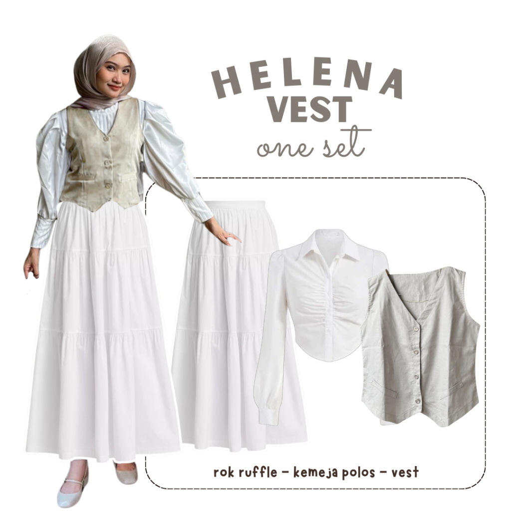 Jual One Set Outfit Korean Style (Kemeja, Vest Ivory, Rok Ruffle ...